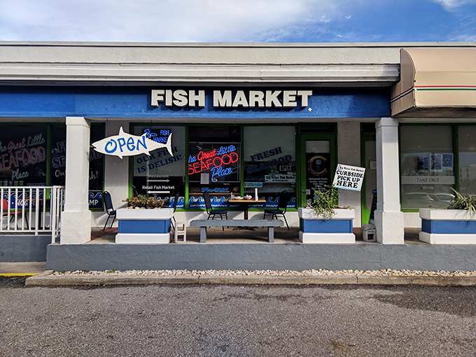 That iconic blue facade isn't just a color choice&mdash;it's a beacon for seafood lovers signaling "fresh catch ahead!"