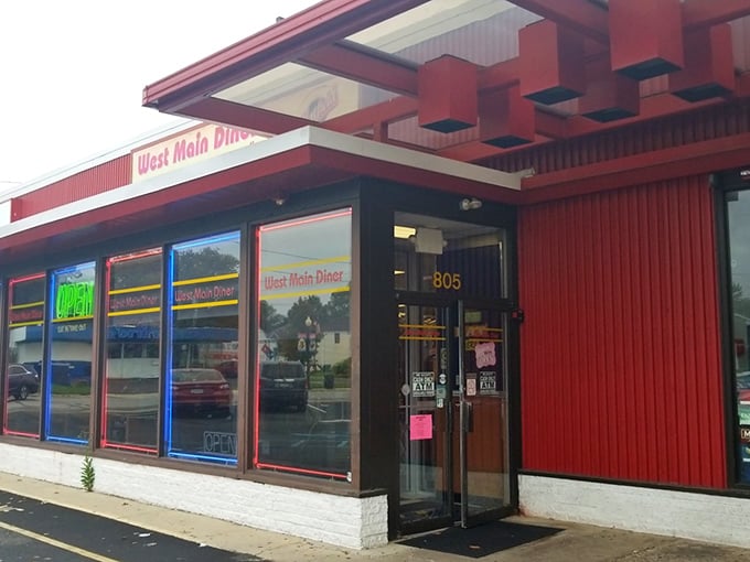 The bright red exterior of West Main Diner stands like a beacon of breakfast hope on Lansdale's main drag, promising comfort food salvation to hungry travelers.