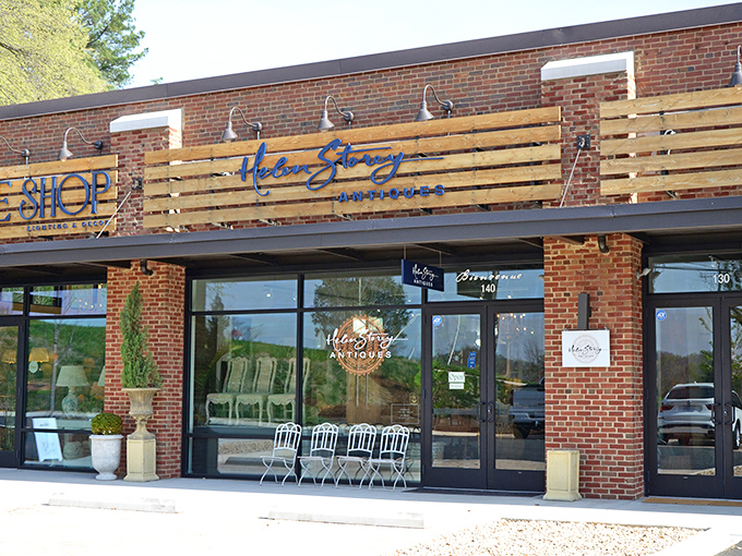 The brick-and-wood fa&ccedil;ade of Helen Story Antiques promises treasures within&mdash;like a book you can't wait to open.