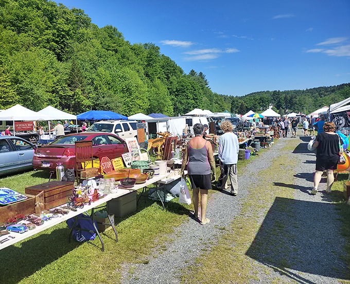 Rows of white tents stretch toward green mountains, creating Vermont's version of treasure-hunting paradise under open skies.