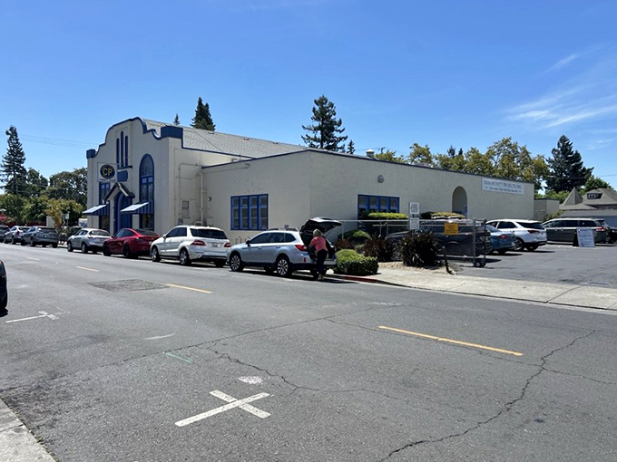 Another angle reveals this thrift shop fortress, where parking spots are plentiful and bargains are practically guaranteed.
