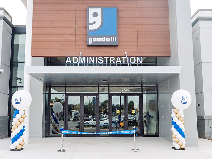 Goodwill's administration building stands ready for business, balloons announcing that saving money can indeed be a celebration worth decorating for.