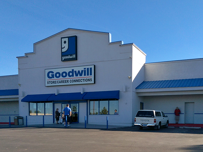 The iconic blue awnings of Pahrump's Goodwill welcome bargain hunters like a desert oasis for the budget-conscious shopper.