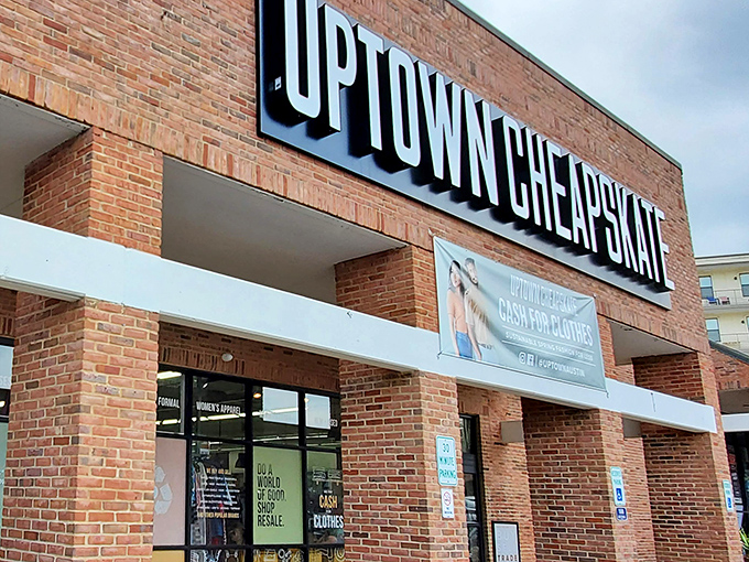 Uptown Cheapskate's bold brick facade stands out like a fashion beacon in Austin's retail landscape.