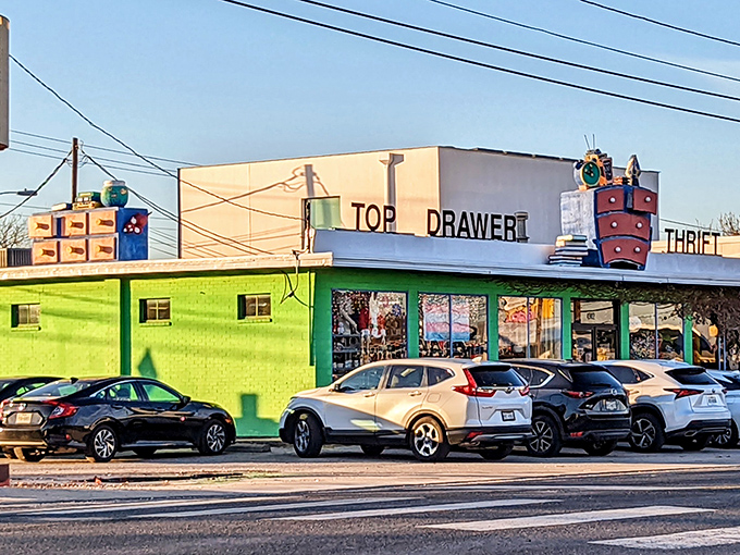 The lime green exterior of Top Drawer Thrift isn't just eye-catching&mdash;it's practically shouting "treasures inside!" with its whimsical rooftop dresser display.