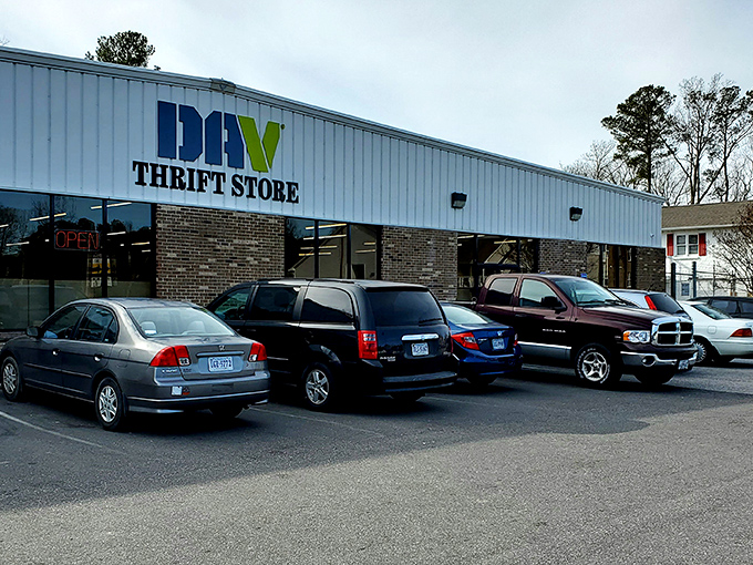 The DAV Thrift Store's iconic blue and green sign beckons bargain hunters like a lighthouse for the budget-conscious shopper.