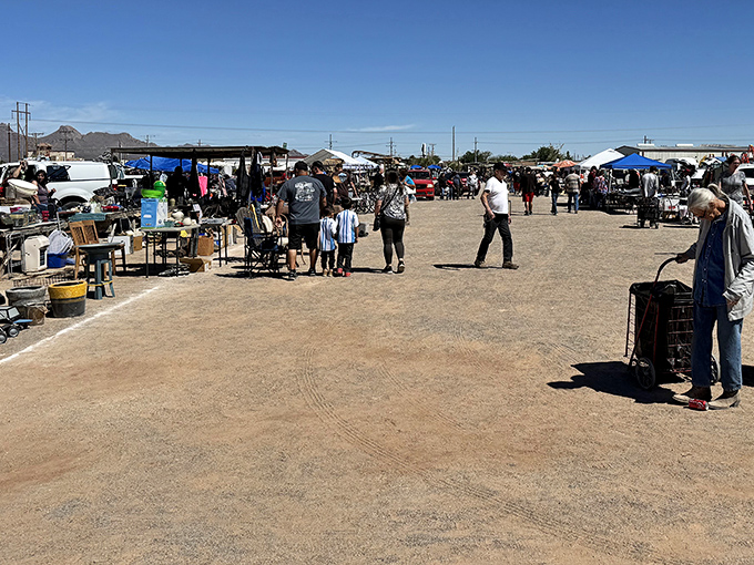 The sprawling landscape of Big Daddy's Flea Market, where treasure hunters navigate rows of vendors under the watchful gaze of the Organ Mountains.