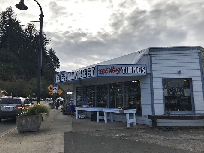 The Waldport Fleamarket stands ready like a treasure chest waiting to spill its secrets onto Highway 34.