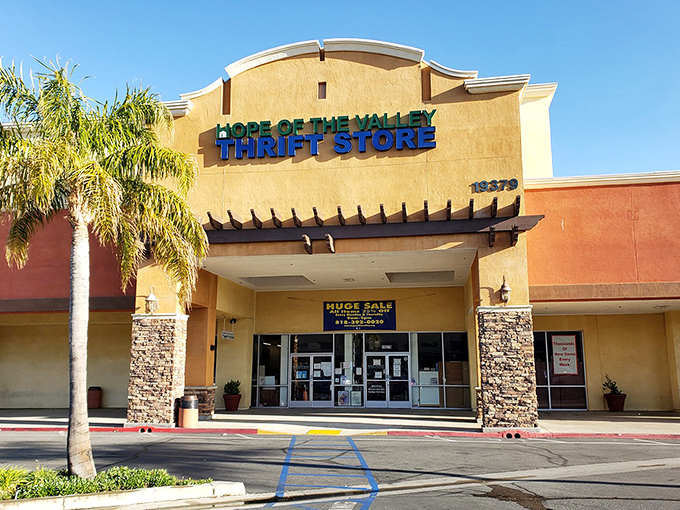 That iconic blue and green signage promises treasure within, while the stone pillars add a touch of unexpected elegance to this thrifting temple.