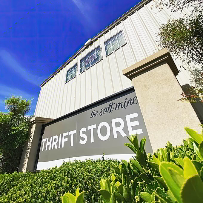The unassuming exterior of The Salt Mine Thrift Store stands against a brilliant blue California sky, promising treasures within its metal walls.
