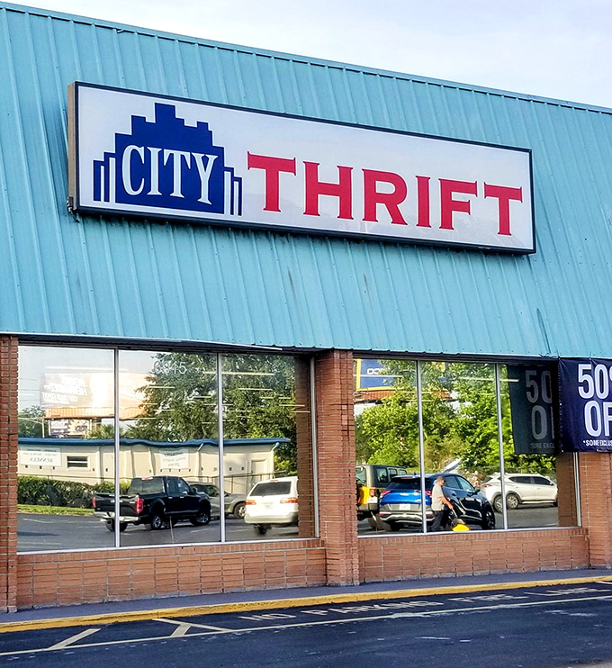 That iconic red and blue sign beckons to thrift enthusiasts like a North Star for the budget-conscious, guiding shoppers to secondhand paradise.