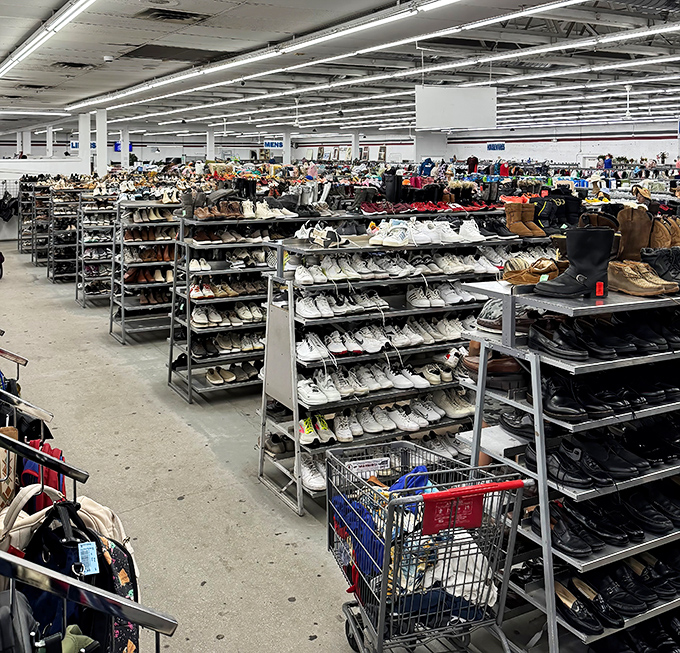 Rows upon rows of shoes stretch into the distance, a thrifter&rsquo;s paradise where every pair hints at a story waiting for new steps.
