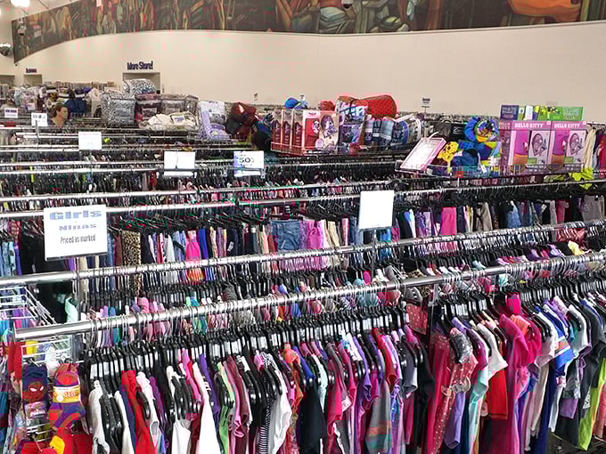 The turquoise and tan exterior of Goodwill's Trinity location stands out like a fashionable beacon for bargain hunters. Modern architecture meets thrifty treasures!