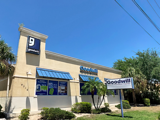 The iconic smiling "g" logo welcomes bargain seekers to this unassuming building where $30 can fill your trunk with treasures.