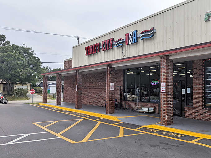 The patriotic red, white, and blue signage of Thrift City USA beckons bargain hunters like a siren song for the fiscally responsible.