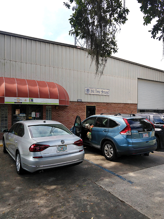 The unassuming exterior belies the bargain bonanza within. Florida's Spanish moss drapes elegantly over this thrifter's mecca where savvy shoppers arrive early and leave happy.