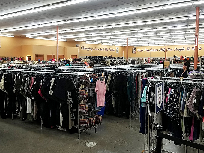 Rows upon rows of clothing treasures await, with inspirational reminders that your bargain hunting actually helps change lives.