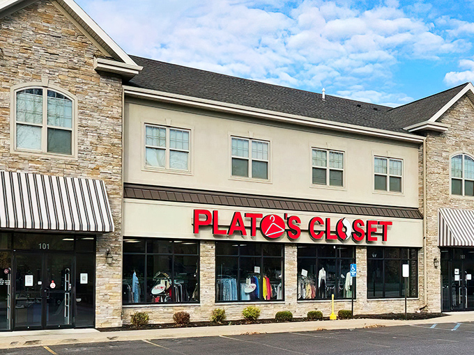 The stone facade of Plato's Closet in Amherst gives no hint of the fashion treasures waiting inside. Like finding a speakeasy, but for your wardrobe.