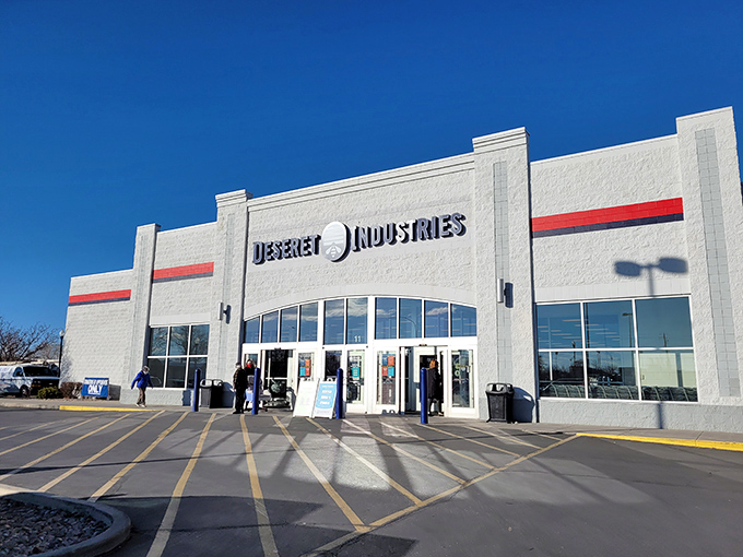 Bathed in Utah sunshine, this thrift store paradise welcomes bargain hunters with its clean lines and organized chaos of possibilities behind those glass doors.