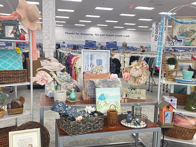 Beach-themed decor awaits new homes! That sign above speaks truth – your bargain hunting actually creates jobs while saving your wallet.
