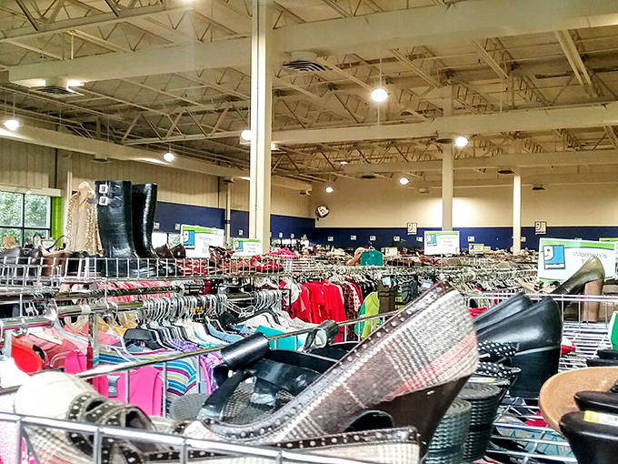 A sea of clothing racks stretches to the horizon, promising fashion adventures where yesterday's trends await their second act.