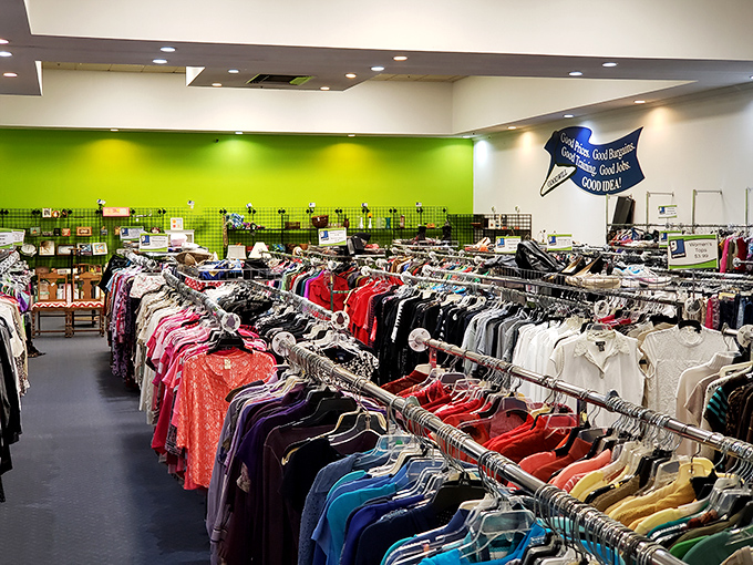 Inside Goodwill, endless racks of clothes stretch out in every direction—a sea of colors and textures where every hanger hides a potential treasure.