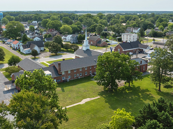 Bridgeville from above looks like a Norman Rockwell painting come to life, with church steeples and tree-lined streets promising small-town charm and big flavors.