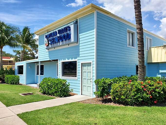 That cheerful blue exterior isn't just a building&mdash;it's a beacon for seafood lovers. Like finding a sapphire in the Florida sand.