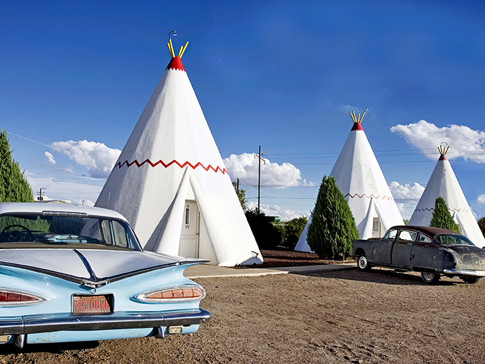 The iconic white teepees of the Wigwam Motel stand like sentinels against the Arizona sky, a concrete mirage that's delightfully real.