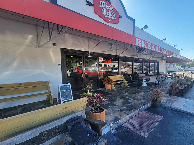 The unassuming storefront of Dixie Belle's Cafe proves once again that culinary treasures often hide in plain sight, beckoning hungry travelers with simple Southern charm.