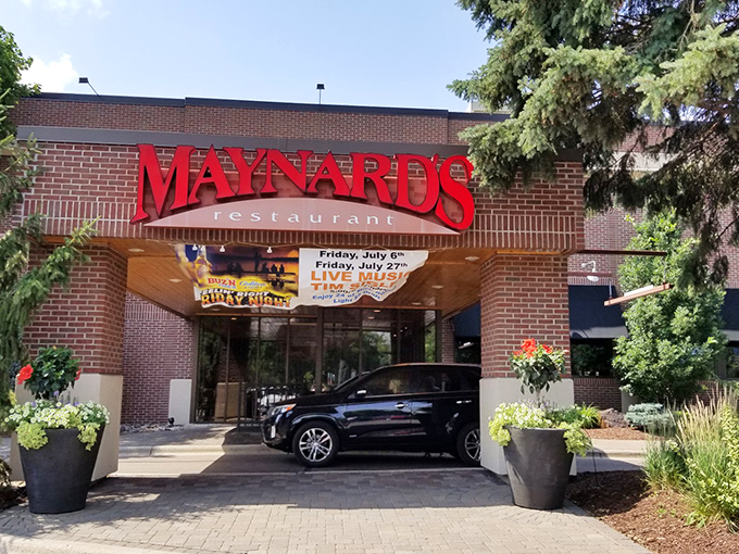 Maynards welcomes you with its bold red signage and inviting entrance. Lake Minnetonka's culinary beacon stands ready to satisfy your walleye cravings.