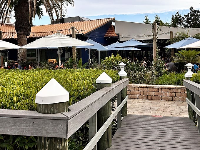 A wooden walkway leads you through lush greenery to paradise. It's not the journey to Mordor—it's the path to exceptional escargot.