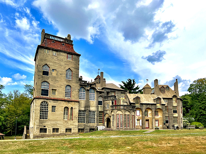 The castle's imposing silhouette against a brilliant blue sky looks like European royalty vacationing in America.