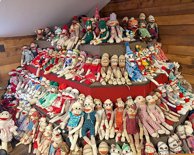 Tiered displays showcase hundreds of sock monkeys in their natural habitat. Like a family reunion where everyone has the same smile but different outfits.