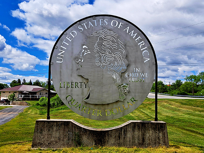 George Washington never looked so imposing! The Giant Quarter gleams against Pennsylvania's blue skies, making pocket change suddenly monumental.