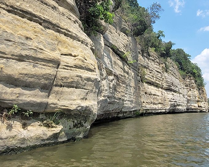 Layer upon layer of ancient sandstone tells Earth's autobiography along the riverbank, a natural skyscraper that predates human architecture by eons.