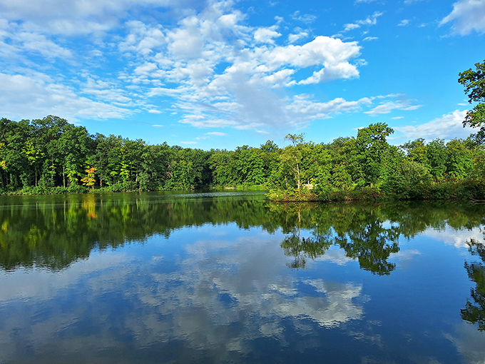 Mirror, mirror on the water &ndash; this lake reflects Illinois sky like nature's own vanity.
