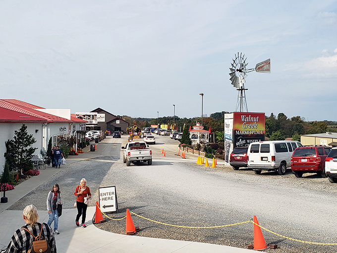 That iconic windmill stands sentinel over the marketplace like a beacon for bargain hunters. The "Enter Here" sign might as well say "Abandon all budget restraint, ye who enter."