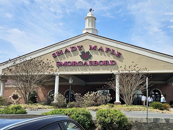 The grand entrance to Shady Maple Smorgasbord stands like a cathedral to comfort food, promising Pennsylvania Dutch paradise within those welcoming doors.