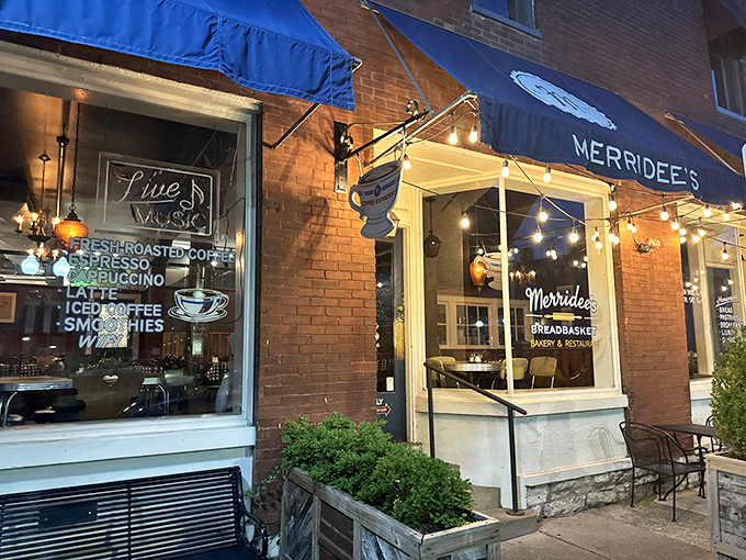 The iconic blue awning of Merridee's beckons like a lighthouse for the hungry navigator on Franklin's Main Street. Resistance is futile.