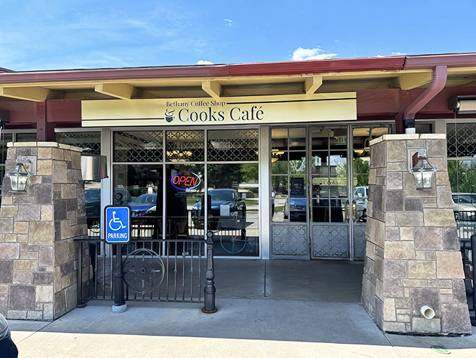 Morning sunshine illuminates Cook's Cafe's entrance, where hungry Nebraskans make their pilgrimage for biscuits that would make grandma jealous.
