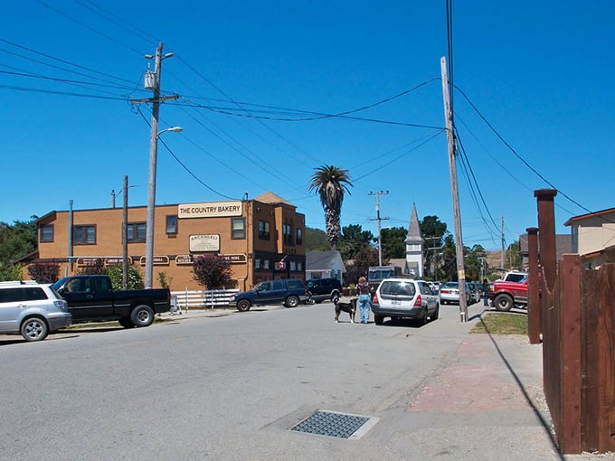 Downtown Pescadero, where the Country Bakery stands as a beacon of carb-loaded happiness under impossibly blue California skies.=