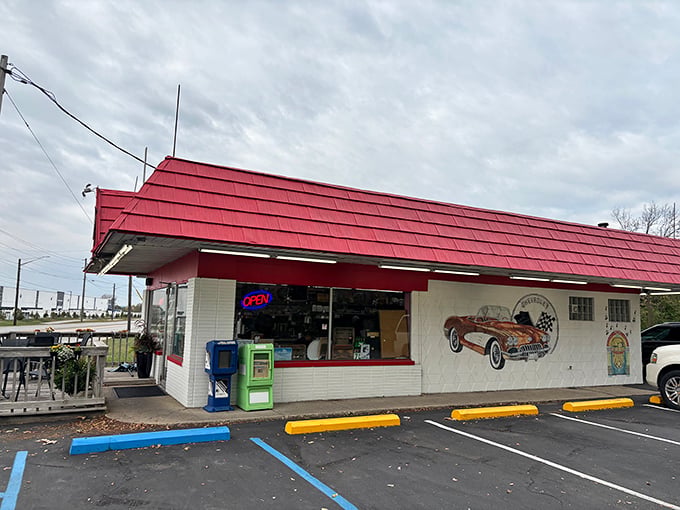 The classic red-roofed exterior of Rock-Cola 50's Caf&eacute; stands like a time portal on Brookville Road, complete with vintage car mural that practically begs you to pop the collar on your leather jacket.
