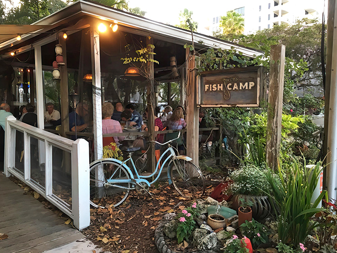 Old Florida charm meets seafood paradise at Owen's Fish Camp. That vintage blue bicycle isn't going anywhere &ndash; it's found its forever home.