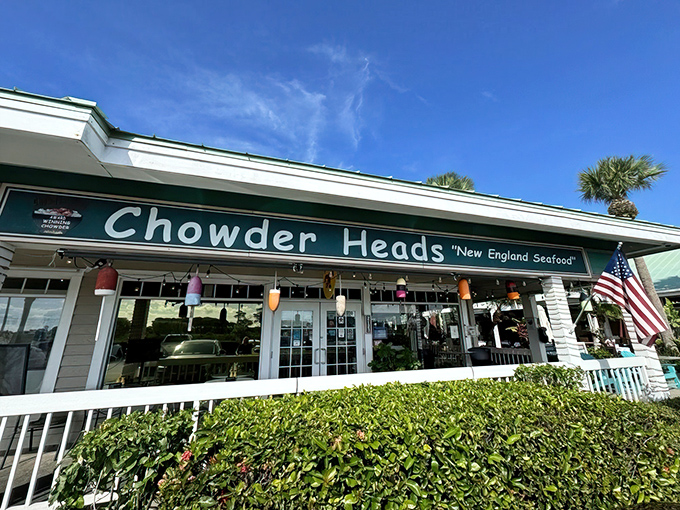 The green-roofed sanctuary of Chowder Heads stands like a beacon of New England hope in the Florida sunshine. Colorful buoys dangle with promise.