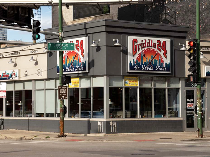 The corner beacon of breakfast bliss, Griddle 24's vibrant signage promises urban diner delights at any hour your stomach demands satisfaction.