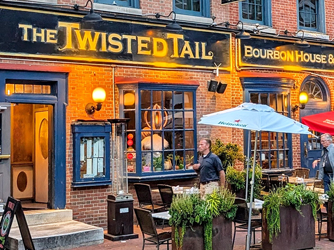 As evening falls, The Twisted Tail glows with warm invitation – like that friend who always knows where the good stuff is poured.