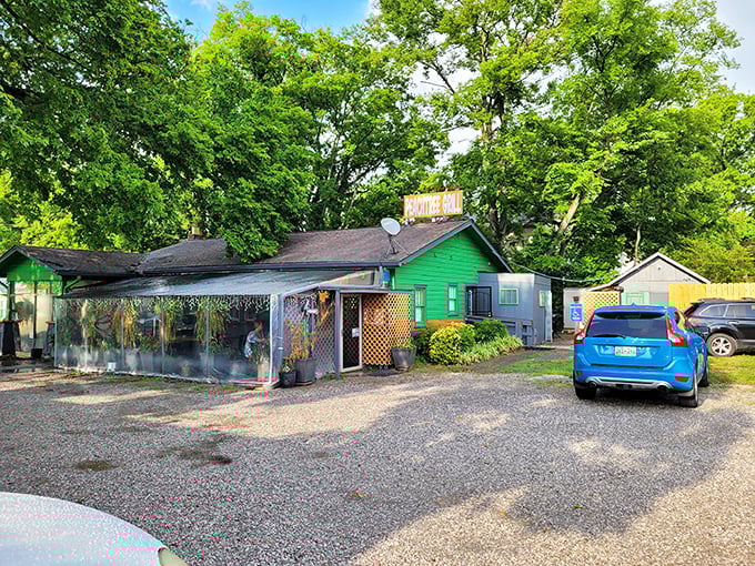 The little green house that could! Peachtree's vibrant exterior promises flavor adventures before you even step inside.