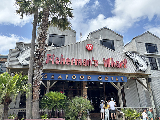 The corrugated metal exterior and iconic red sign aren't trying to impress anyone—which is exactly why they do. Pure Gulf Coast authenticity awaits.