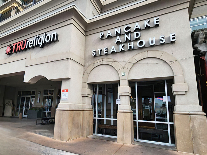 TRUreligion's elegant stone facade promises salvation for the breakfast-deprived. The name alone tells you they take morning meals seriously.